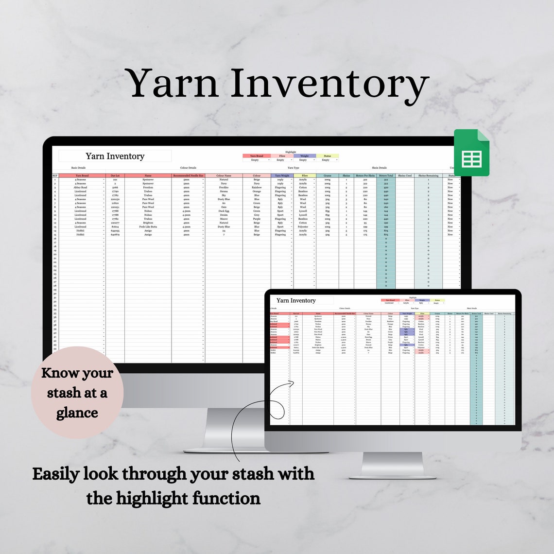 Knitting & Crochet Project Tracker: Yarn Inventory Spreadsheet (google ...