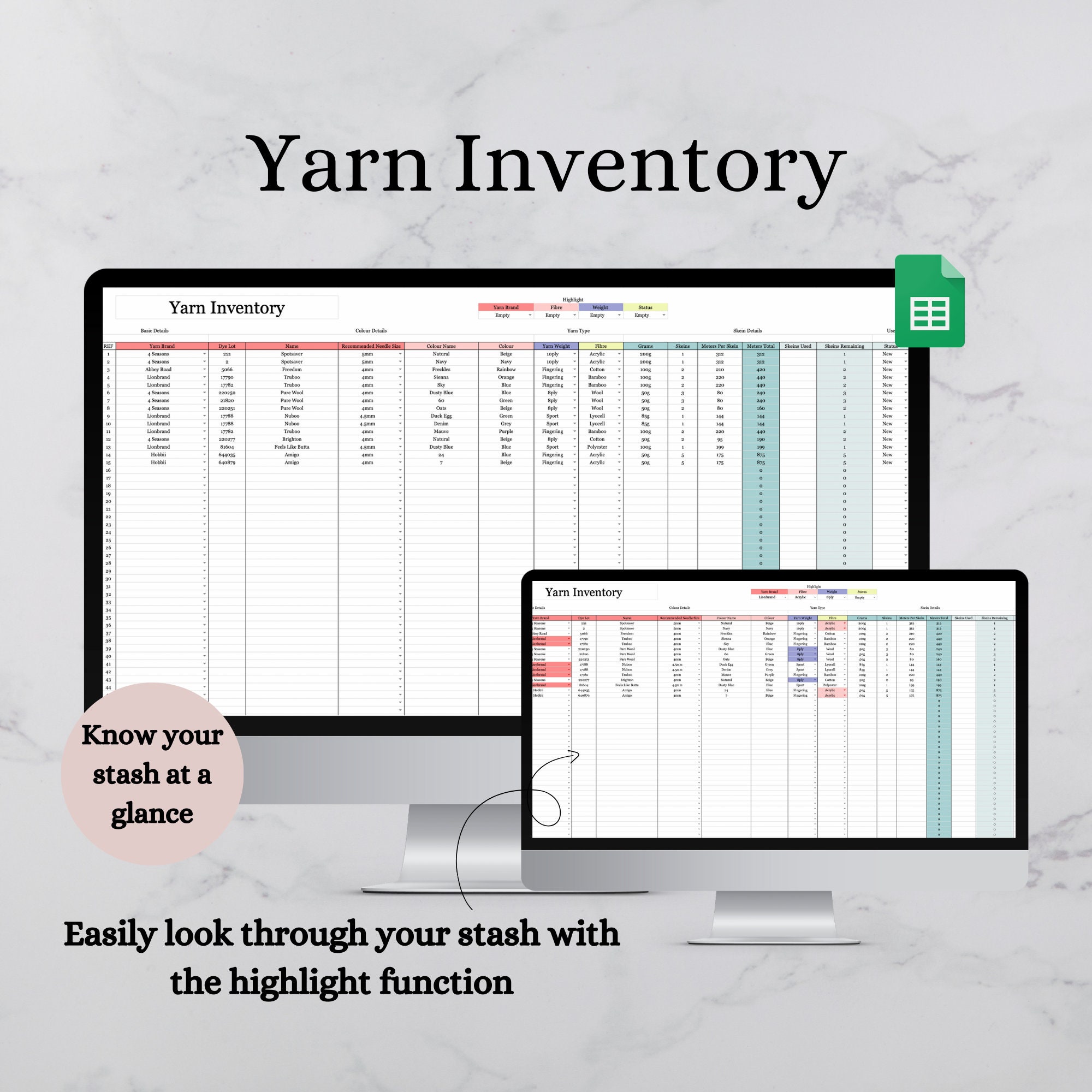 Knitting & Crochet Project Tracker: Yarn Inventory Spreadsheet (google ...