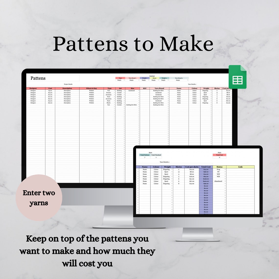 Knitting & Crochet Project Tracker: Yarn Inventory Spreadsheet (google ...