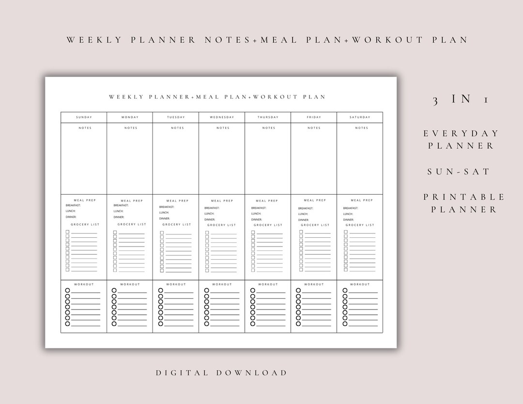Weekly Planner Printable, Meal Prep Planner, Grocery List, Workout ...