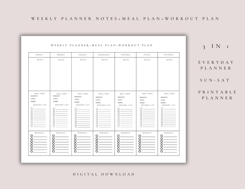 Weekly Planner Printable, Meal Prep Planner, Grocery List, Workout ...