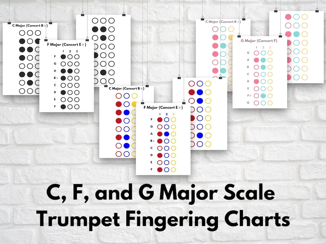 Trumpet C, F, & G Major Scale Fingering Chart Posters Black/white ...