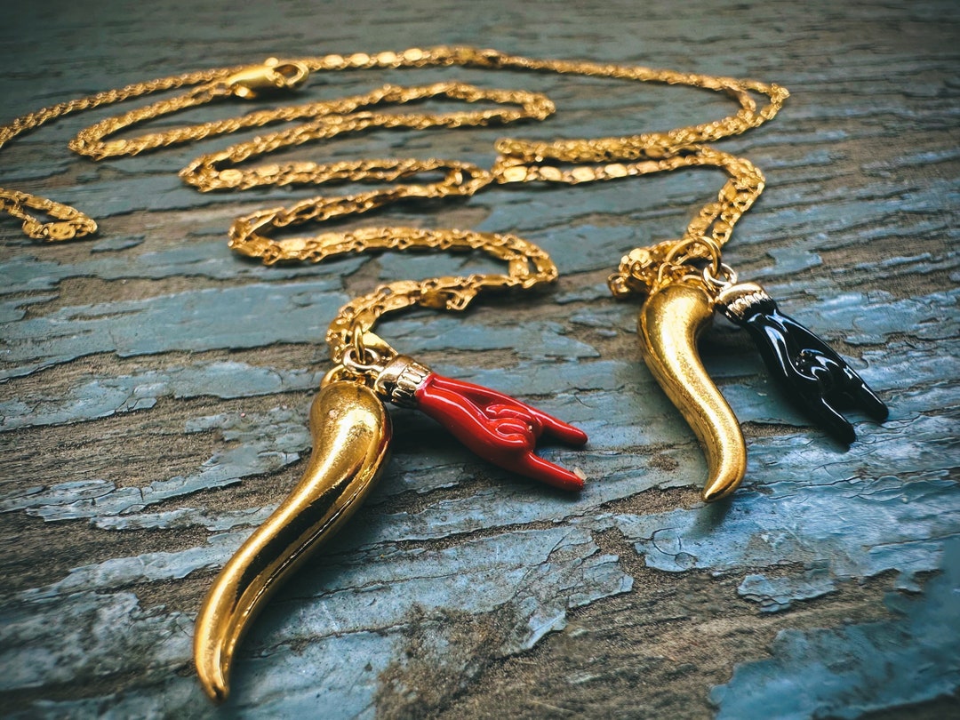 18K Italian Cornicello and Mano Cornuto Protection and Good Fortune 18K ...
