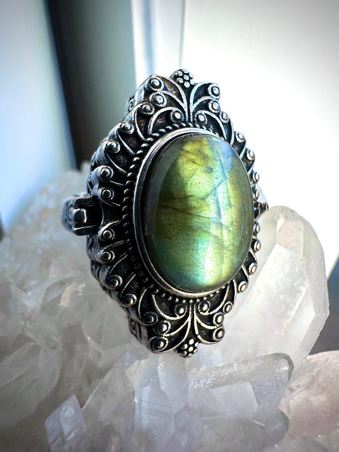 Hedge Witch Green Labradorite Adjustable Ring | Green Labradorite ...
