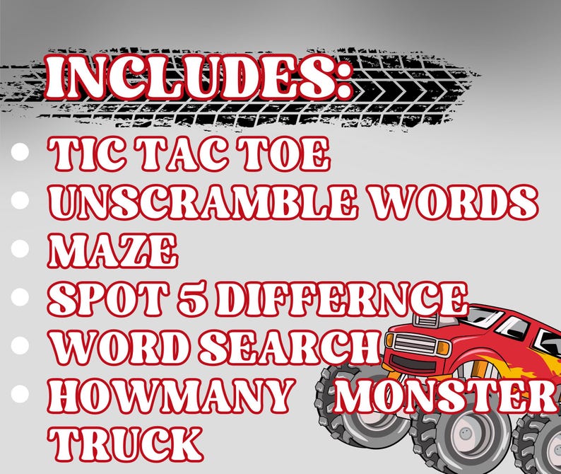 Monster Truck Activity Sheet Printable, Monster Truck Kids Games Page ...