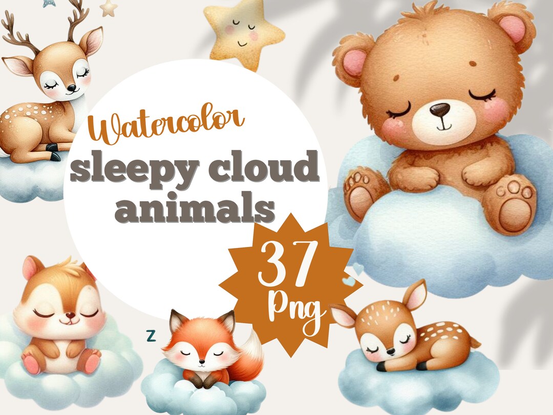37 Sleepy Cloud Animals Watercolor Png Nursery Clipart - Etsy