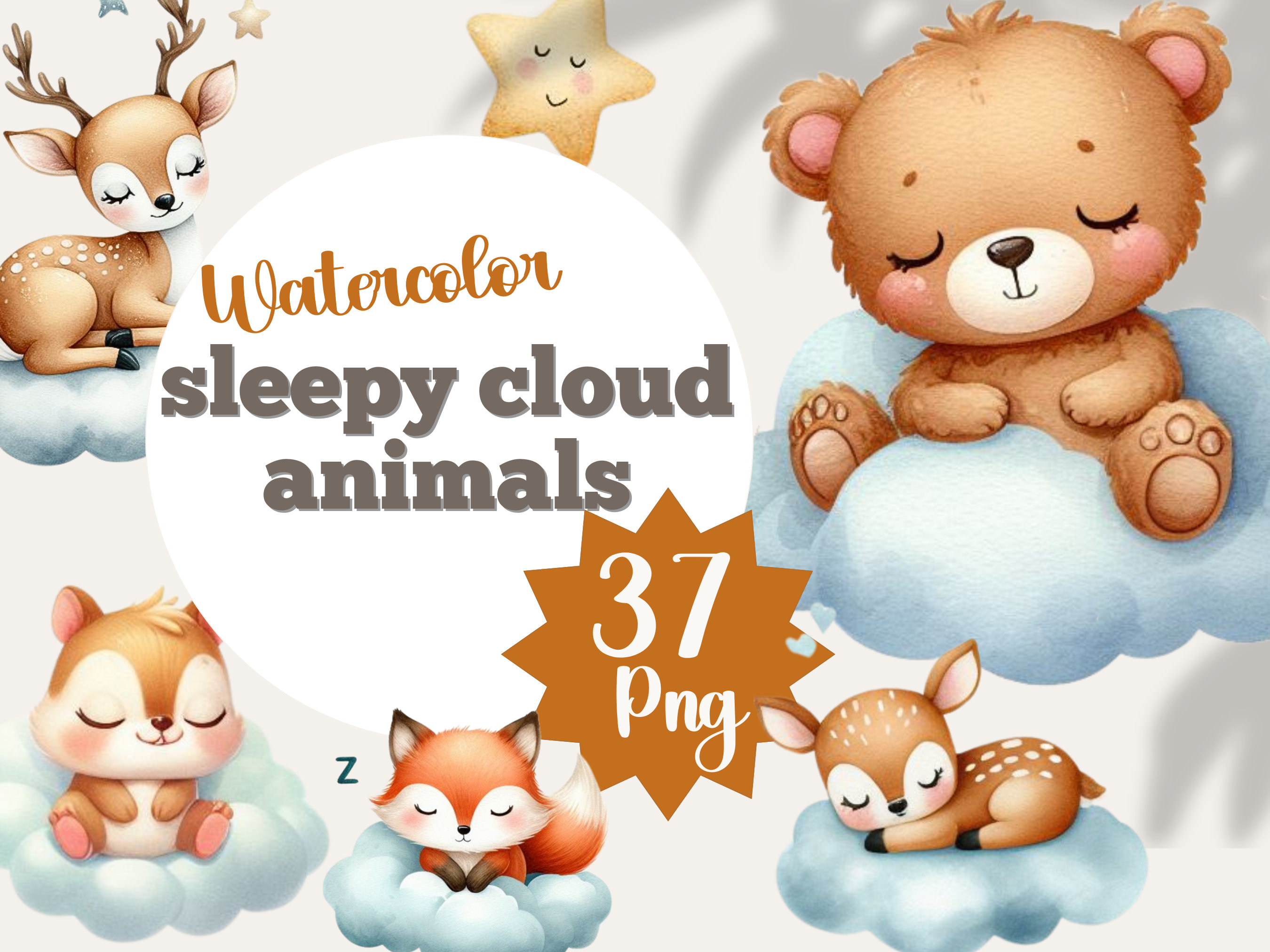 37 Sleepy Cloud Animals Watercolor Png Nursery Clipart - Etsy