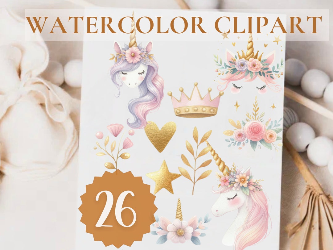 26 Unicorns Watercolor Png Unicorn Horn Clipart Gold Crowns and Flowers ...