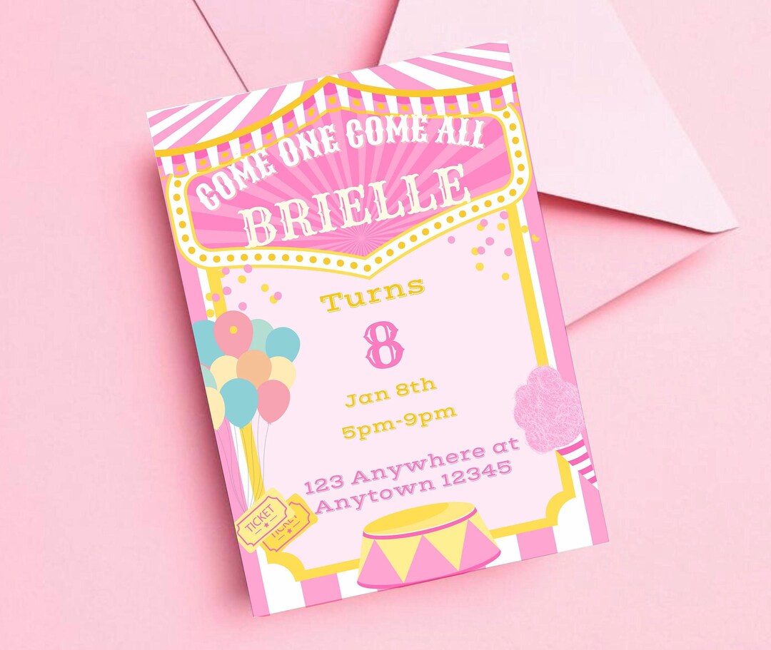 Pink Carnival Birthday Invitation | Girl Circus Invite | Digital Party ...
