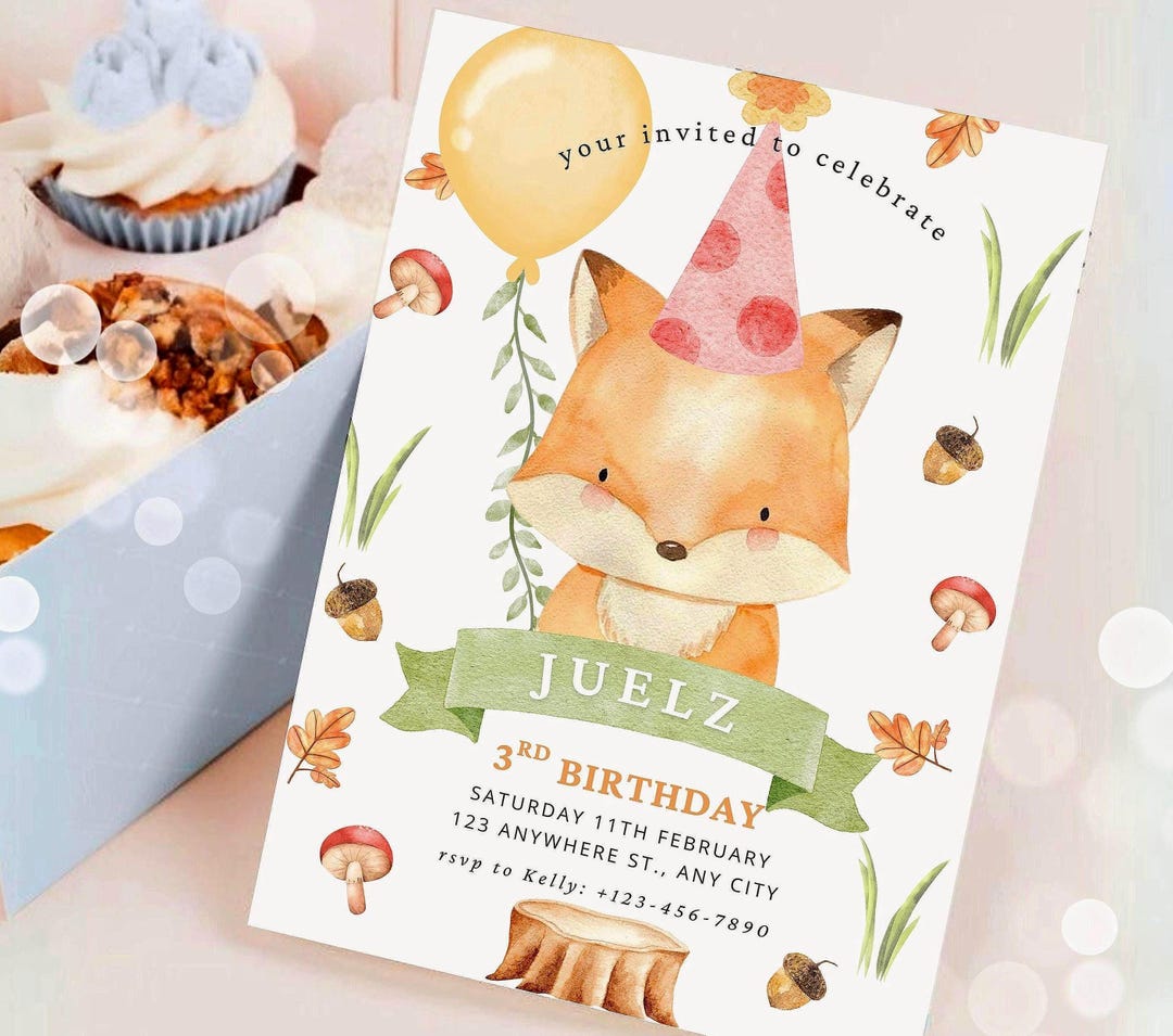 Fox Birthday Invitation Woodland Animal Party Invite Editable Digital ...