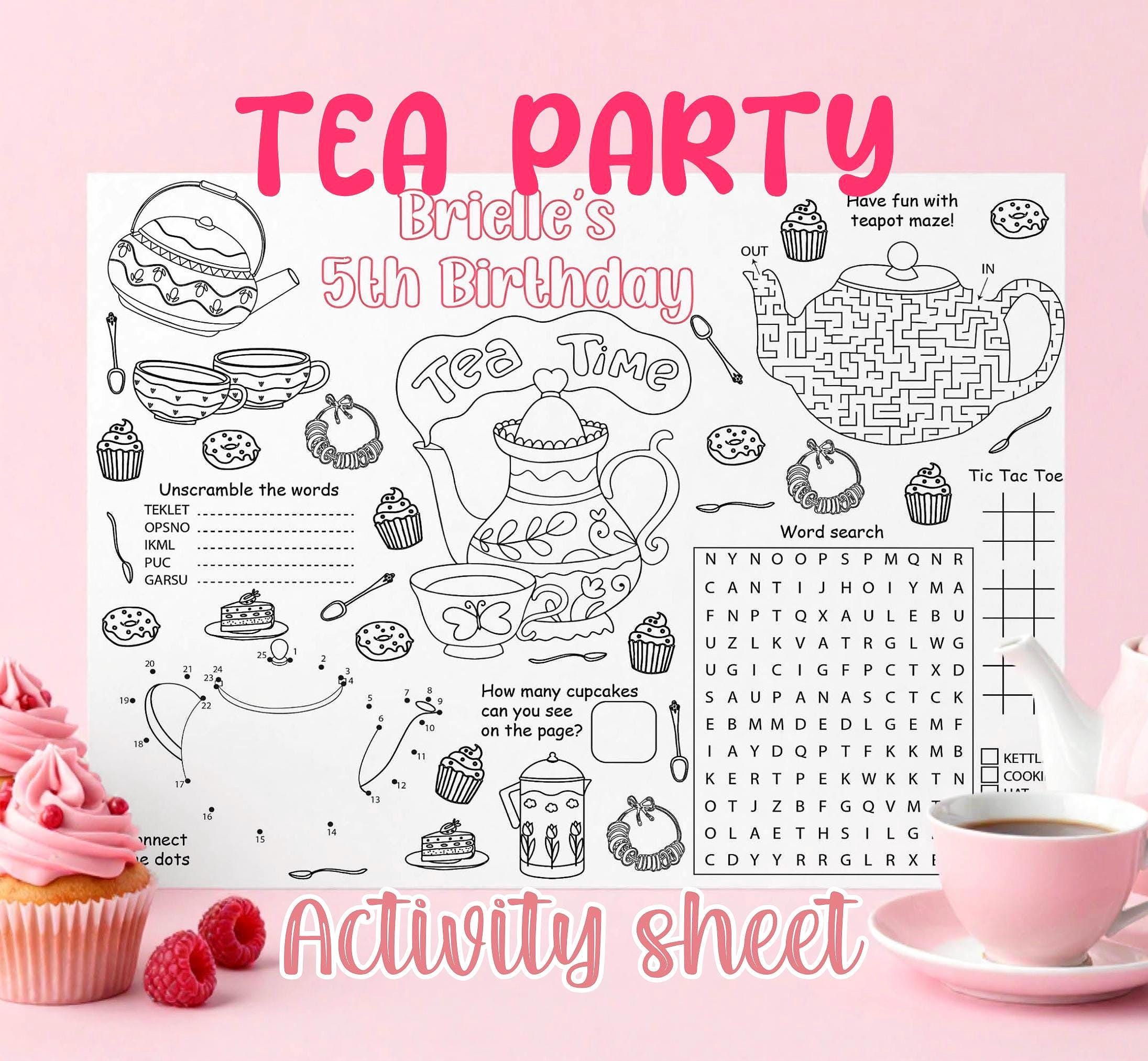 Tea Party Activity Sheet Printable | Kids Party Games | Maze Word ...