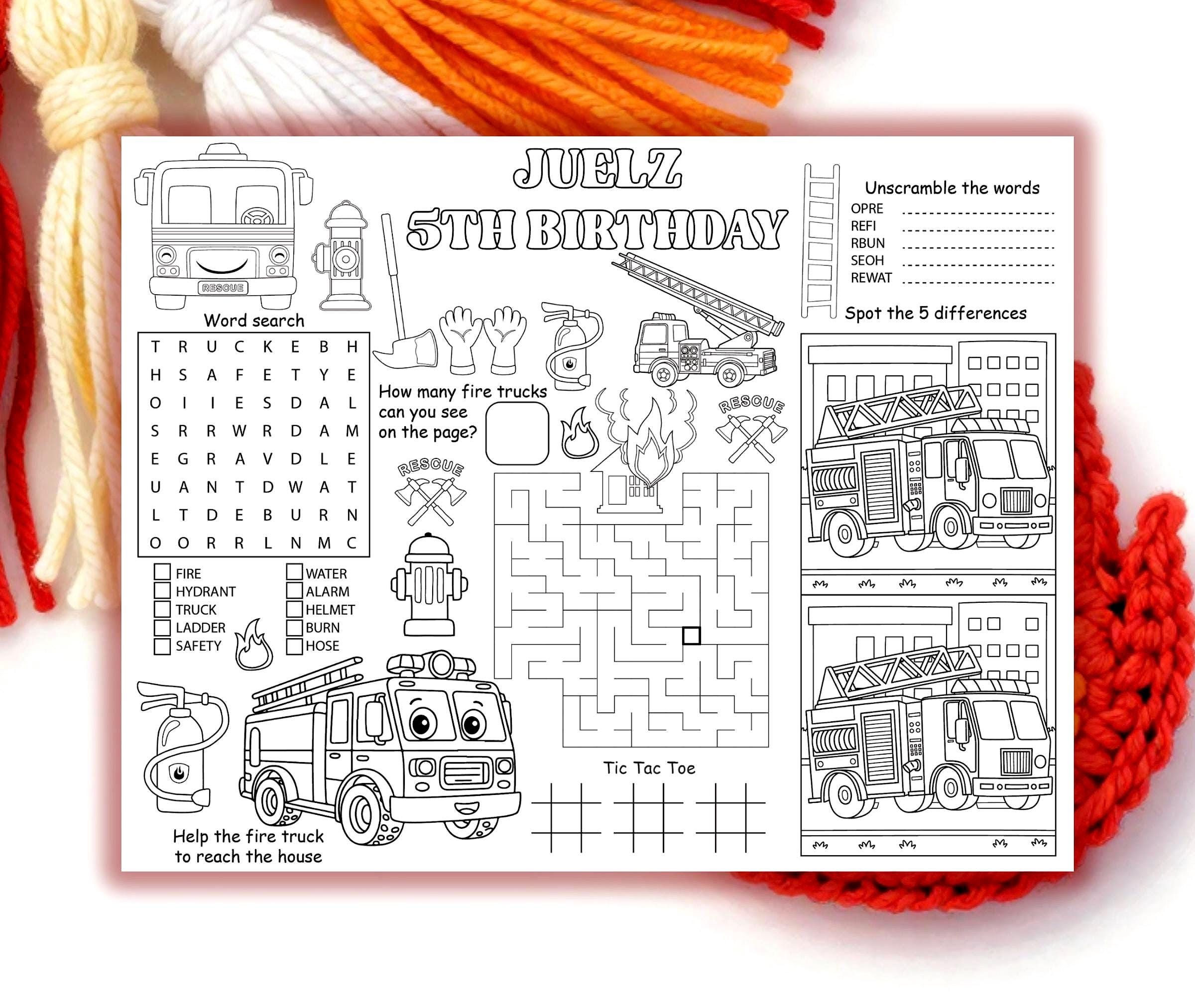 Firetruck Activity Sheet Printable for Kids | Firefighter Placemat ...