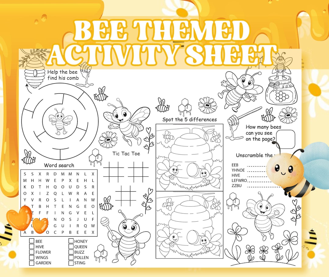Bee Activity Sheet Printable, Bee Kids Games Page, Bee Maze Word Search ...