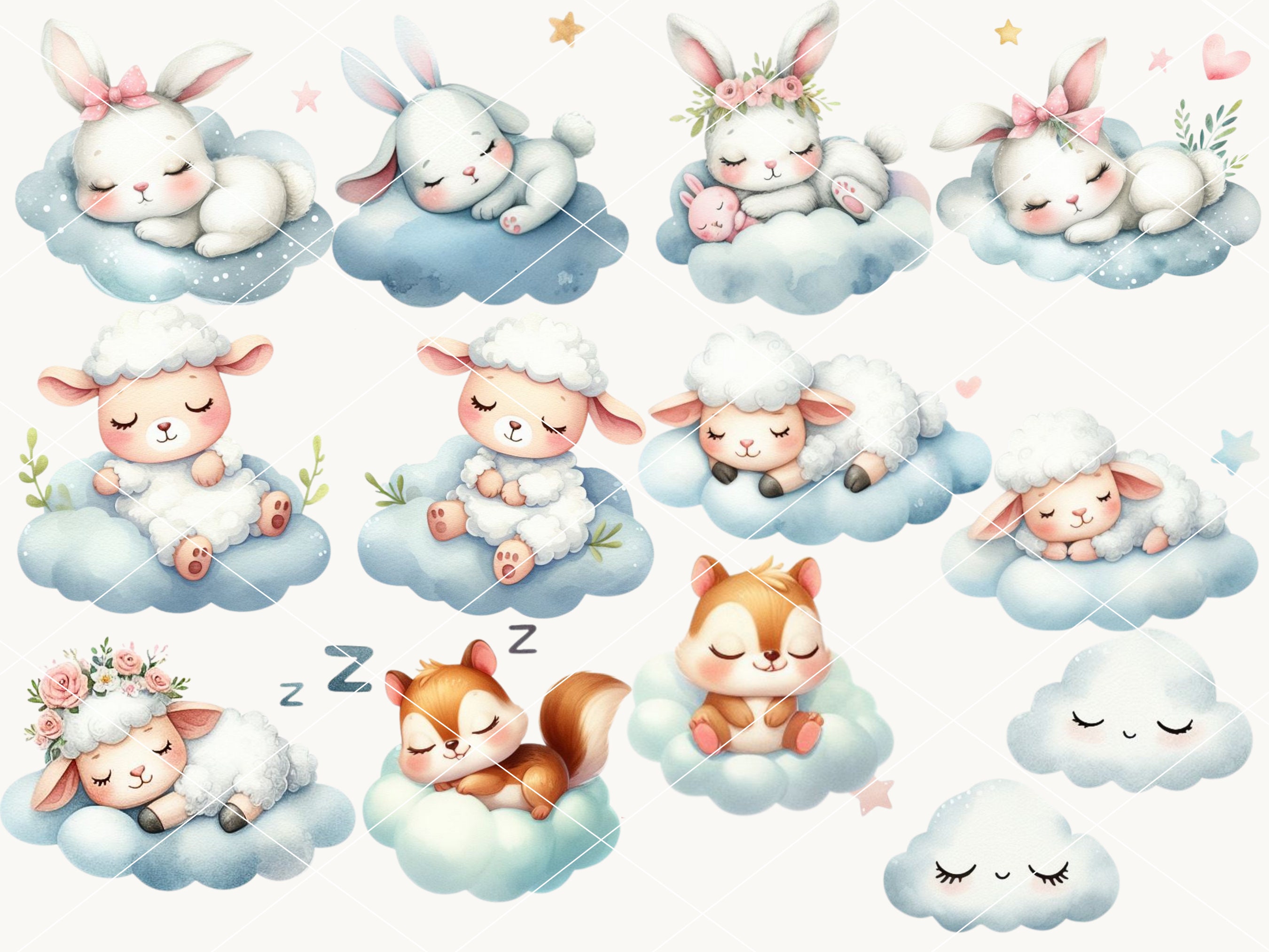 37 Sleepy Cloud Animals Watercolor Png Nursery Clipart - Etsy