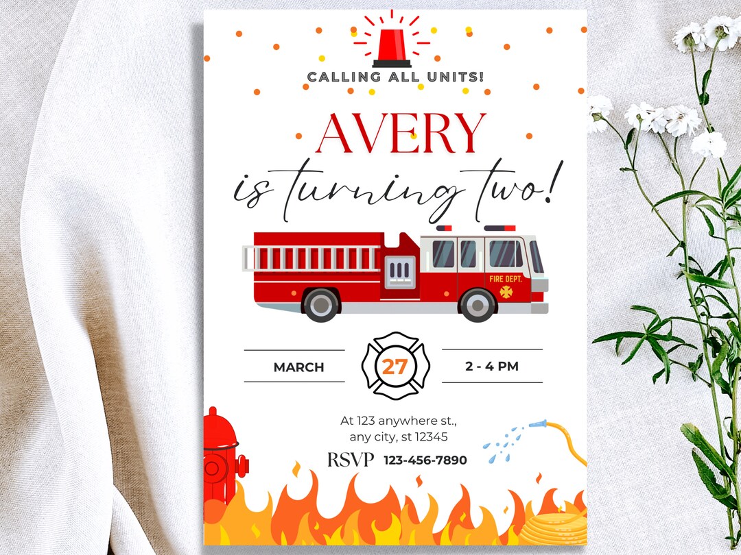Fireman Birthday Invitation Fire Fighter Digital Party - Etsy