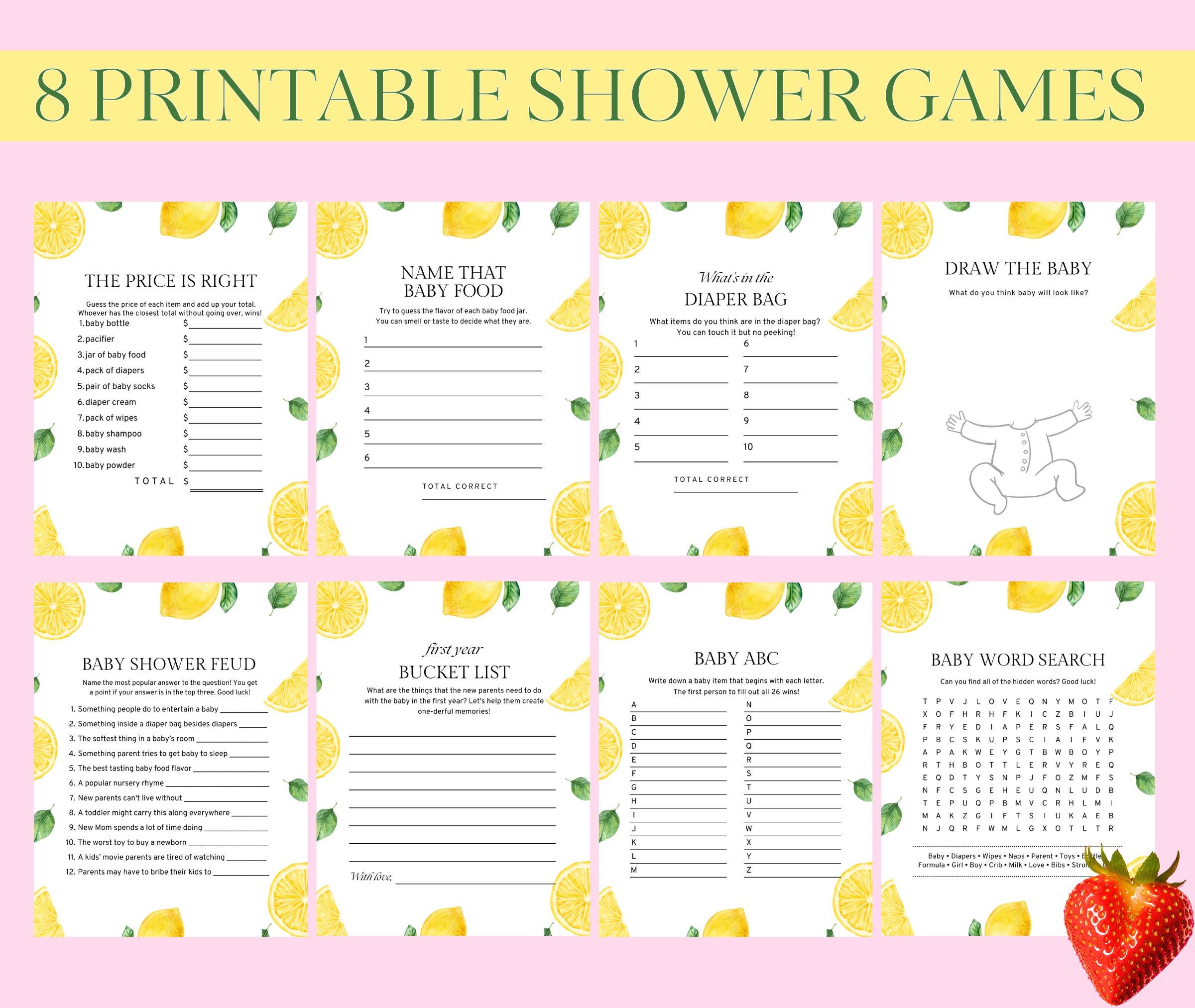 8 Lemon Baby Shower Games | Citron-themed Printable Games Set | Citrus Fun Baby Shower Party ...