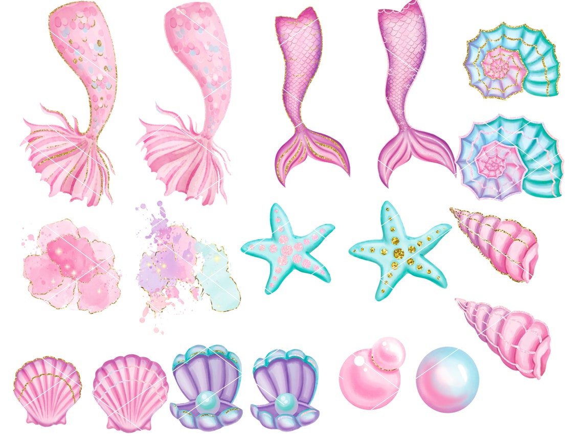 18 Mermaid Tail Watercolor Png Seashell Clipart - Etsy