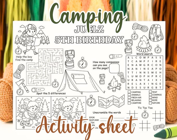 Camping Party Activity Sheet Printable • Kids Camp Games • Outdoor ...