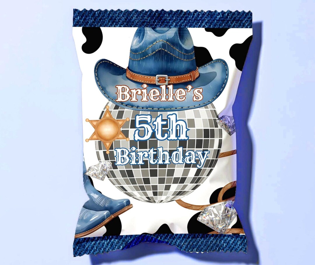 Denim Disco Cowgirl Chip Bag Template | Editable Western Party Favor ...