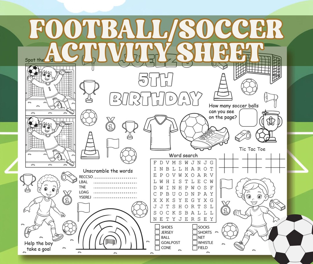 Football/soccer Activity Sheet Printable • Maze, Word Search, Tic Tac ...