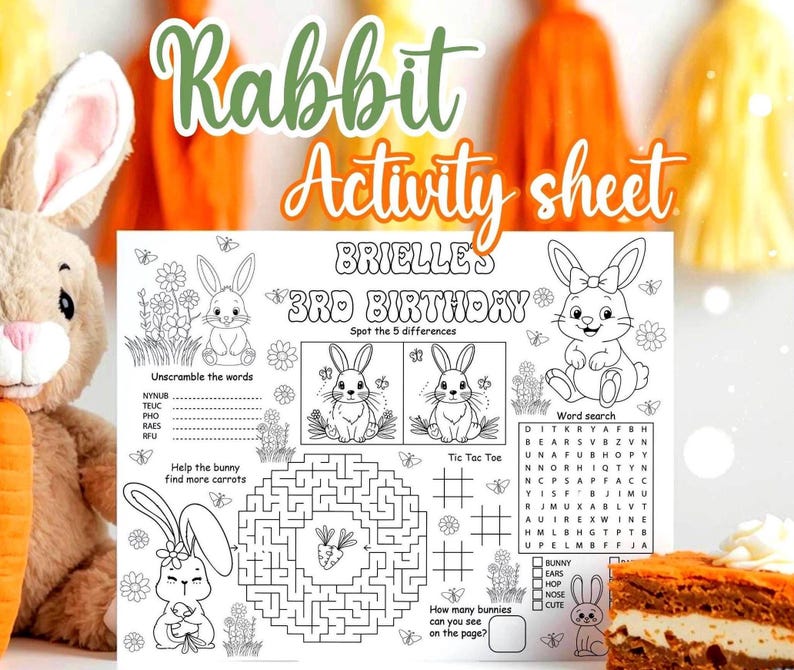 Rabbit Activity Sheet Printable, Kids Bunny Game Page, Bunny Maze, Word ...