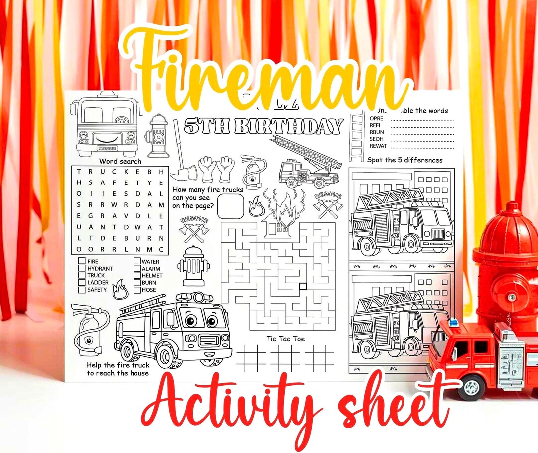 Firetruck Activity Sheet Printable for Kids | Firefighter Placemat ...