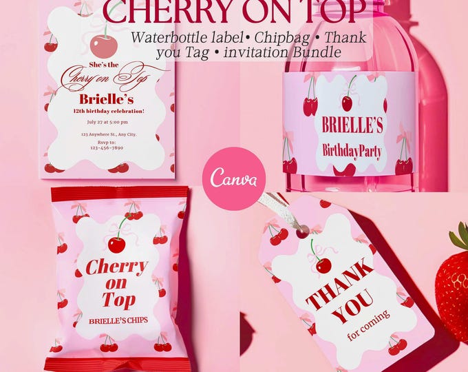 Cherry Party Editable Bundle | Cherry Chip Bag, Cherry Water Bottle ...