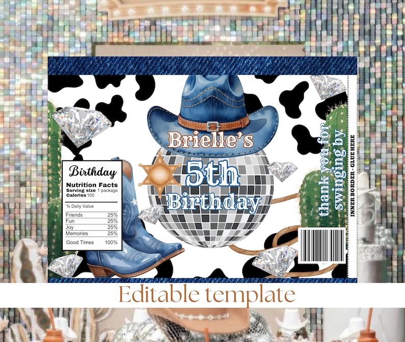 Denim Disco Cowgirl Chip Bag Template | Editable Western Party Favor ...