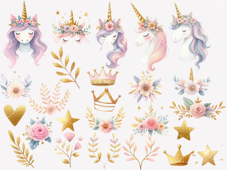 26 Unicorns Watercolor Png Unicorn Horn Clipart Gold Crowns and Flowers ...