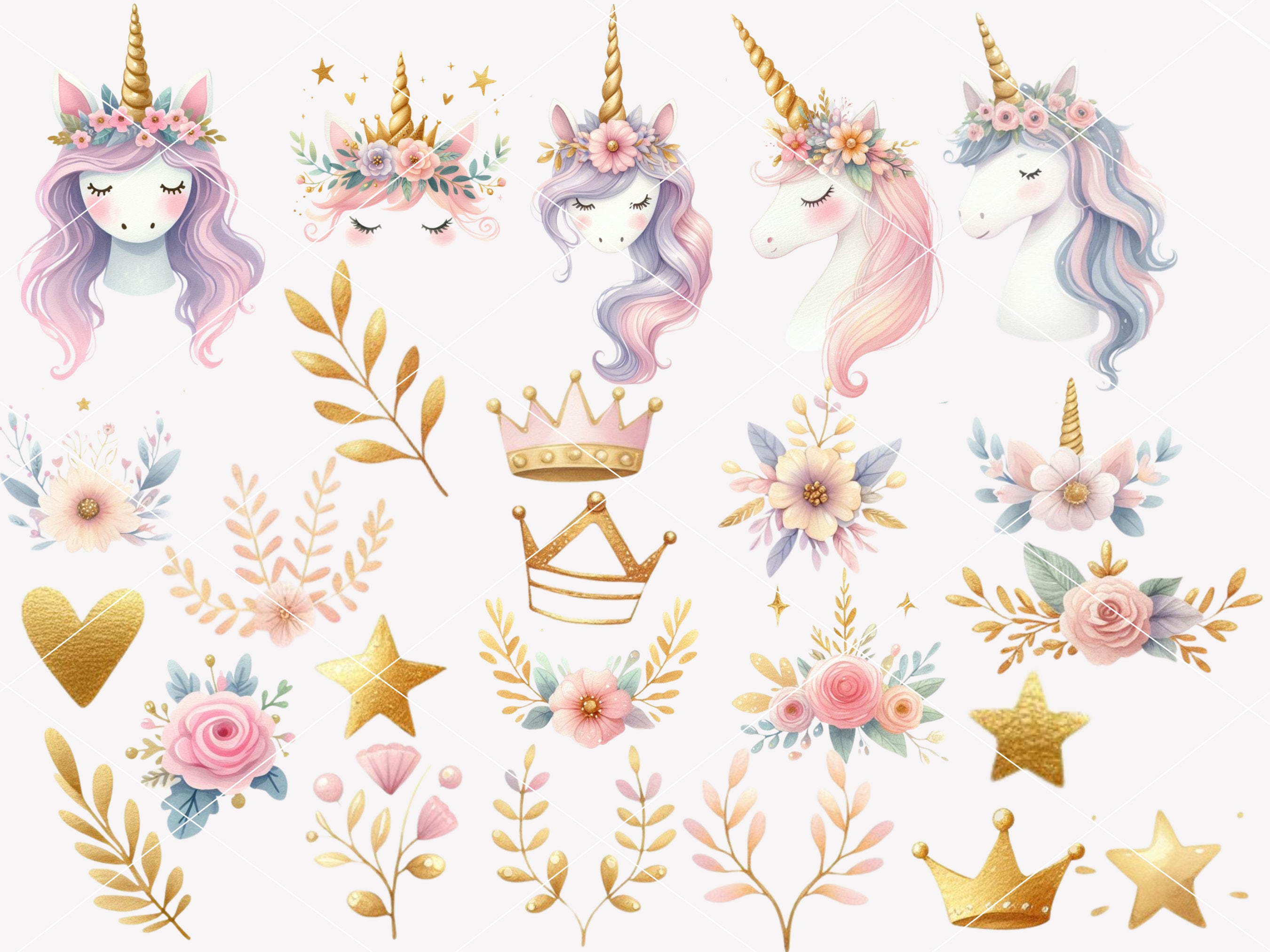 26 Unicorns Watercolor Png Unicorn Horn Clipart Gold Crowns and Flowers ...