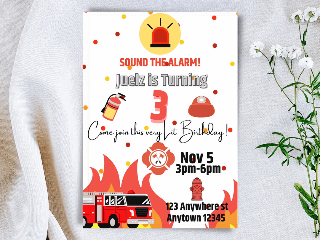 Fireman Birthday Invitation Fire Fighter Digital Party - Etsy