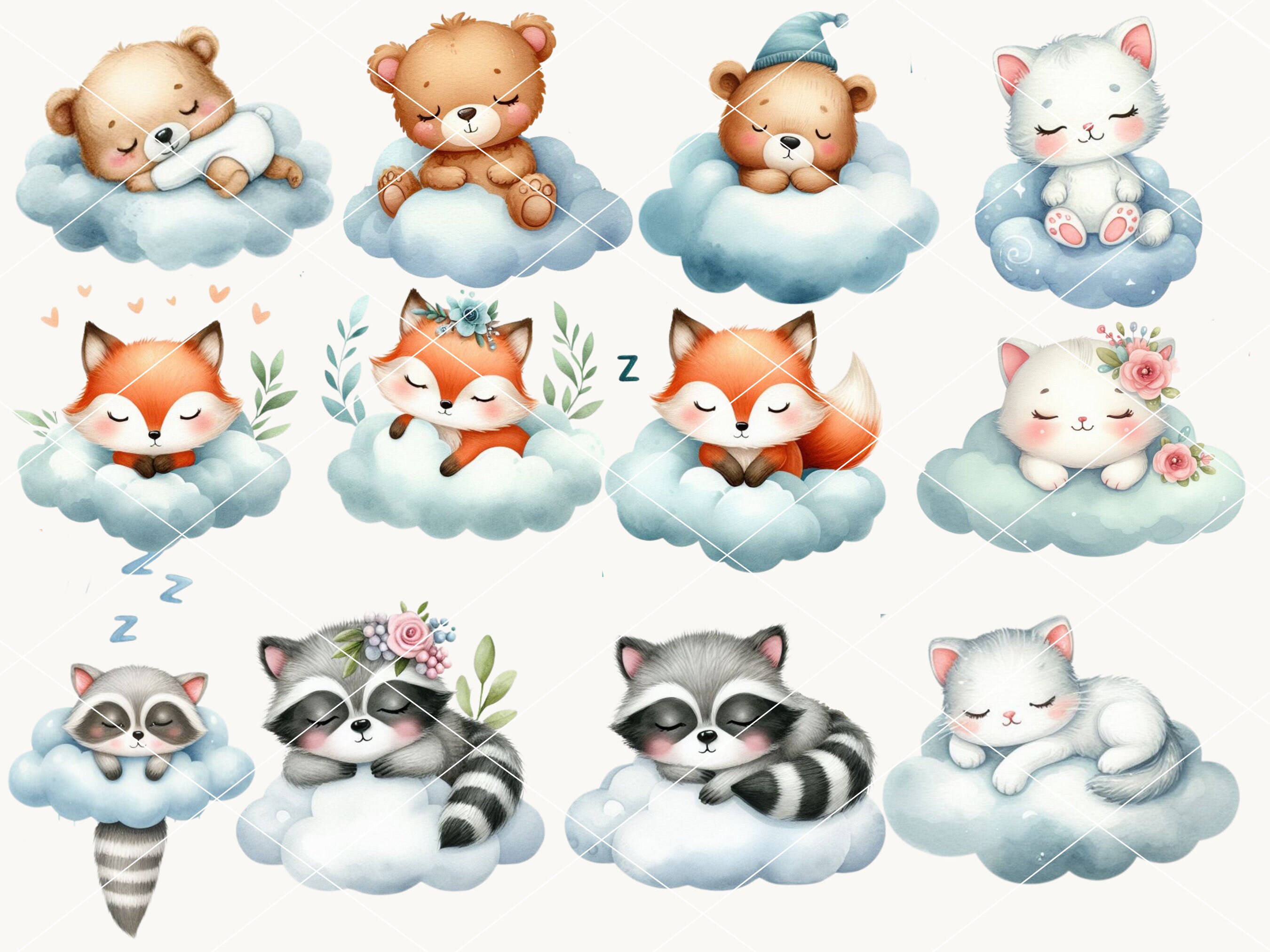 37 Sleepy Cloud Animals Watercolor Png Nursery Clipart - Etsy