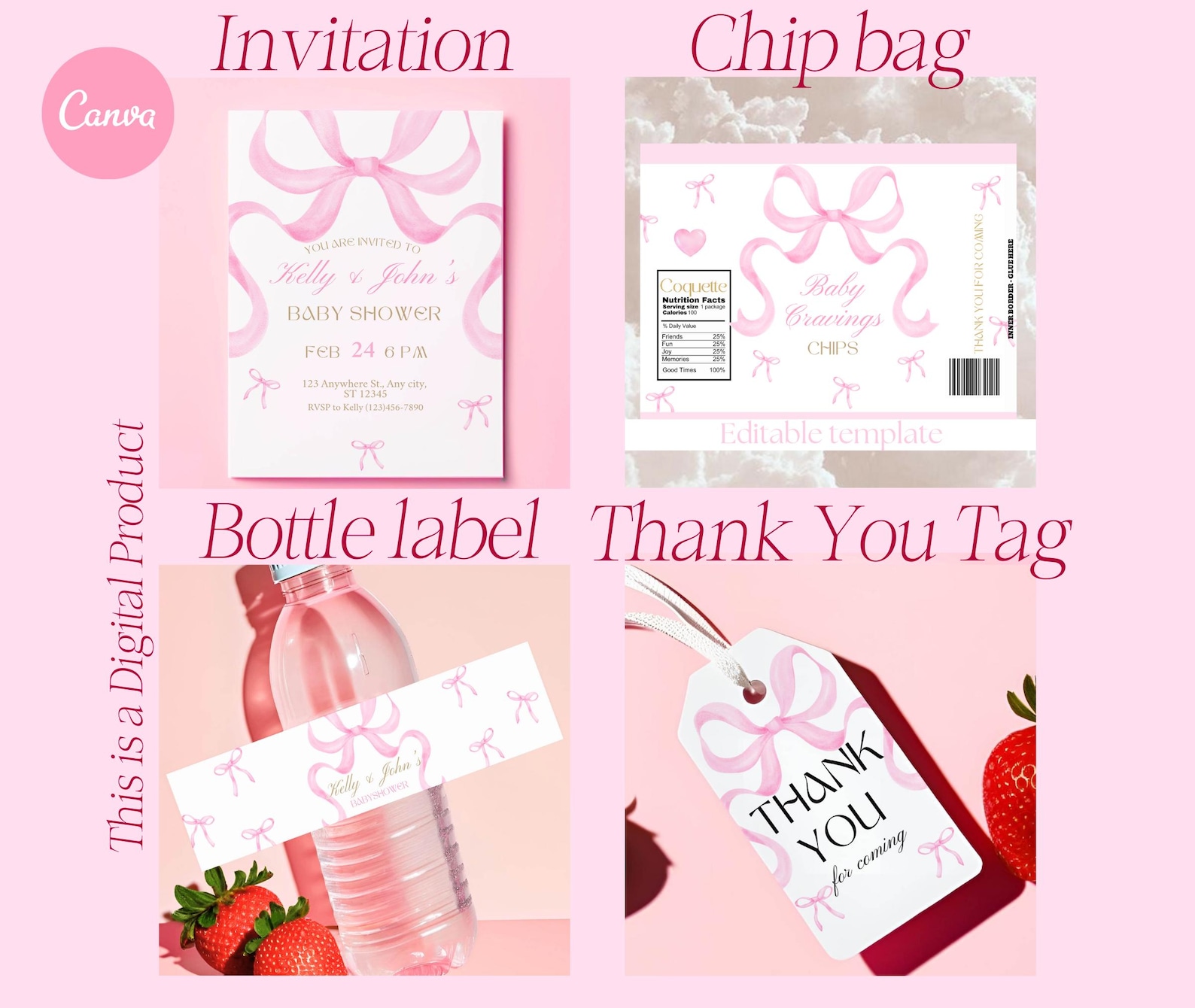 Coquette Baby Shower Editable Bundle Coquette Chip Bag, Coquette Water ...