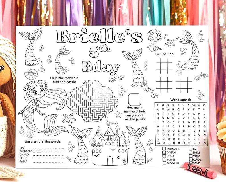 Mermaid Activity Sheets Printable | Kids Party Games | Maze Word Search ...