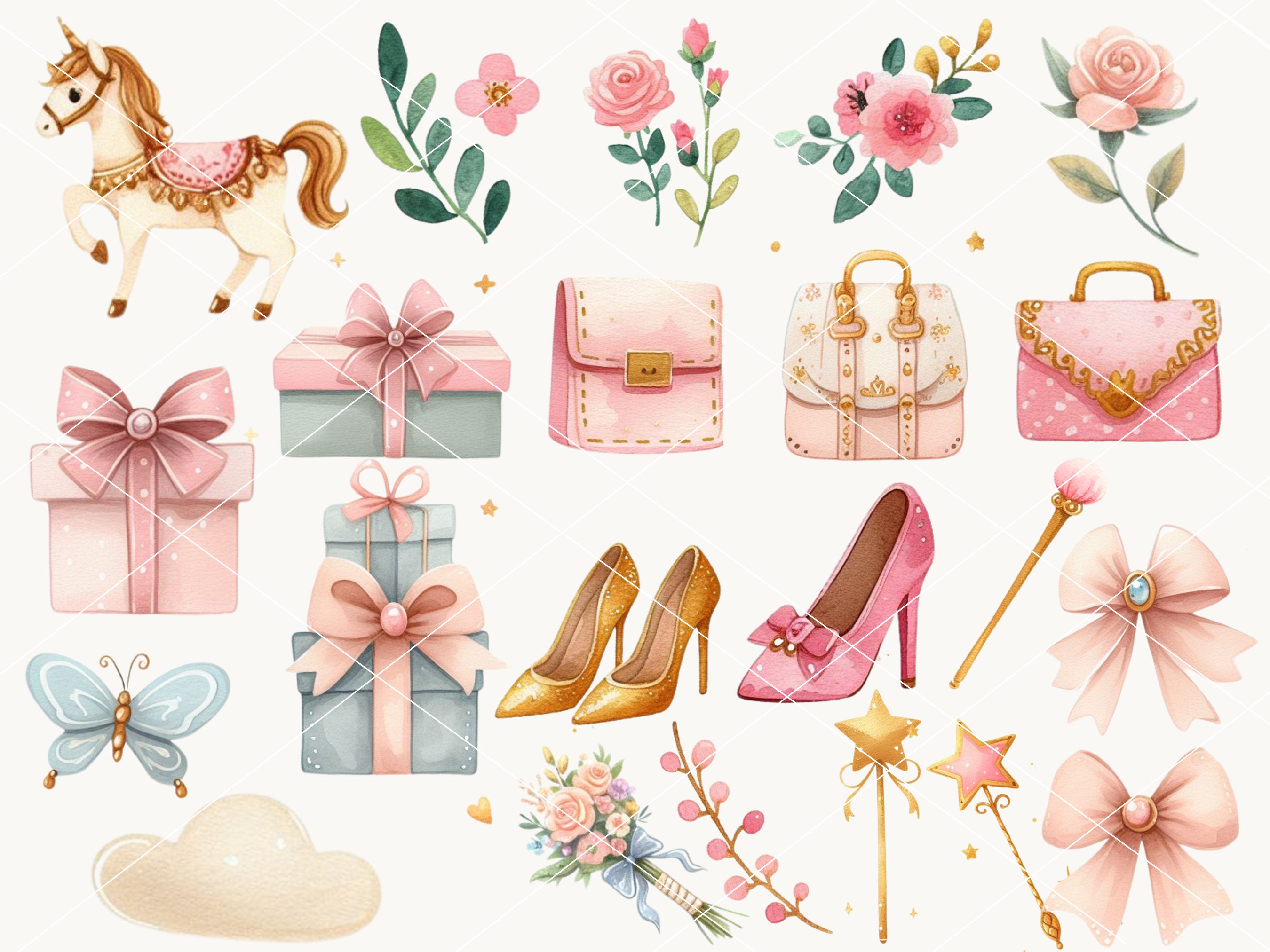 39 Pink Princess Watercolor Png Pink and Gold Clipart - Etsy