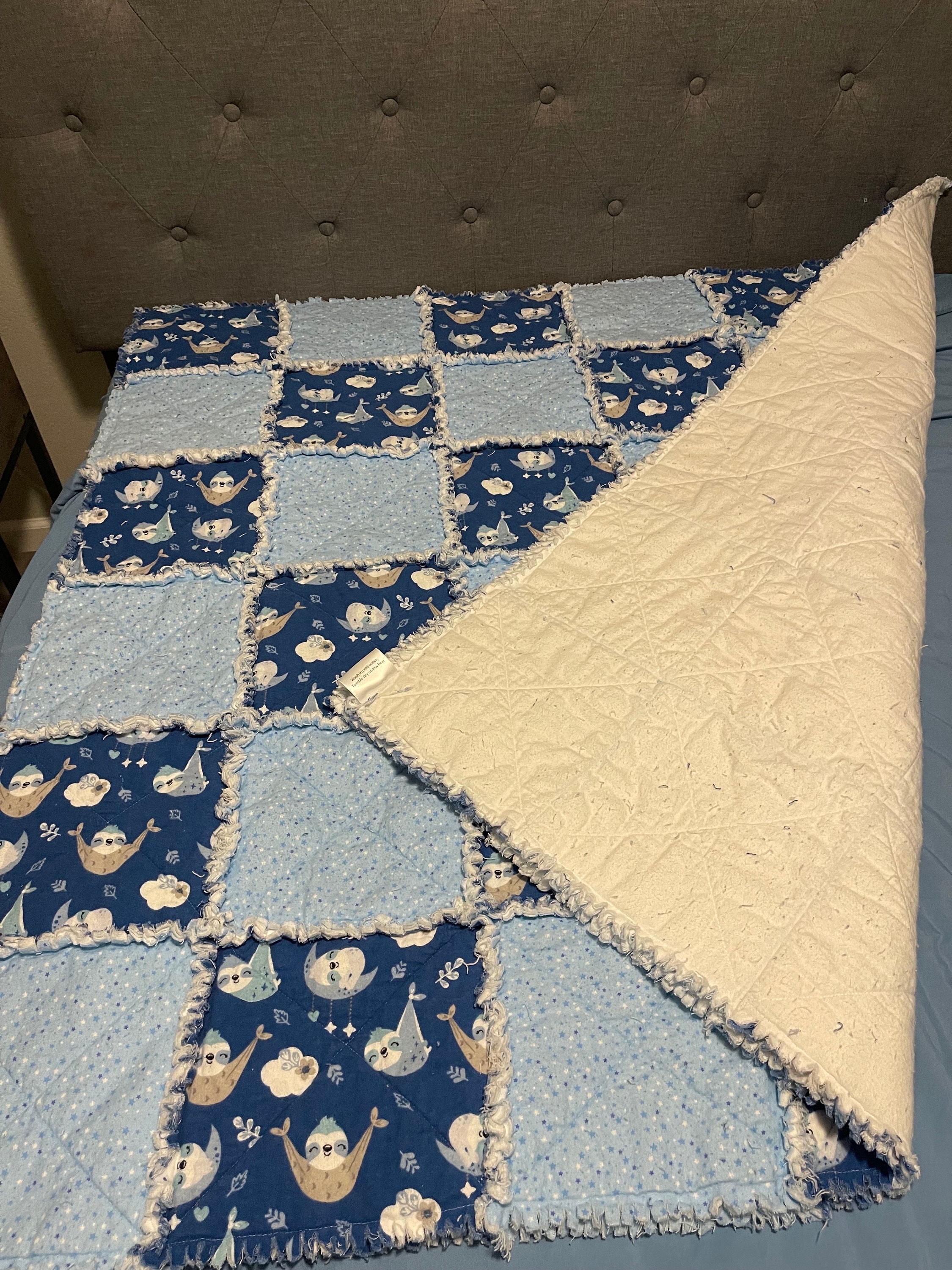 Baby Sleepy Sloths With Stars and White Backing - Rag Lap Quilt - 50 ...