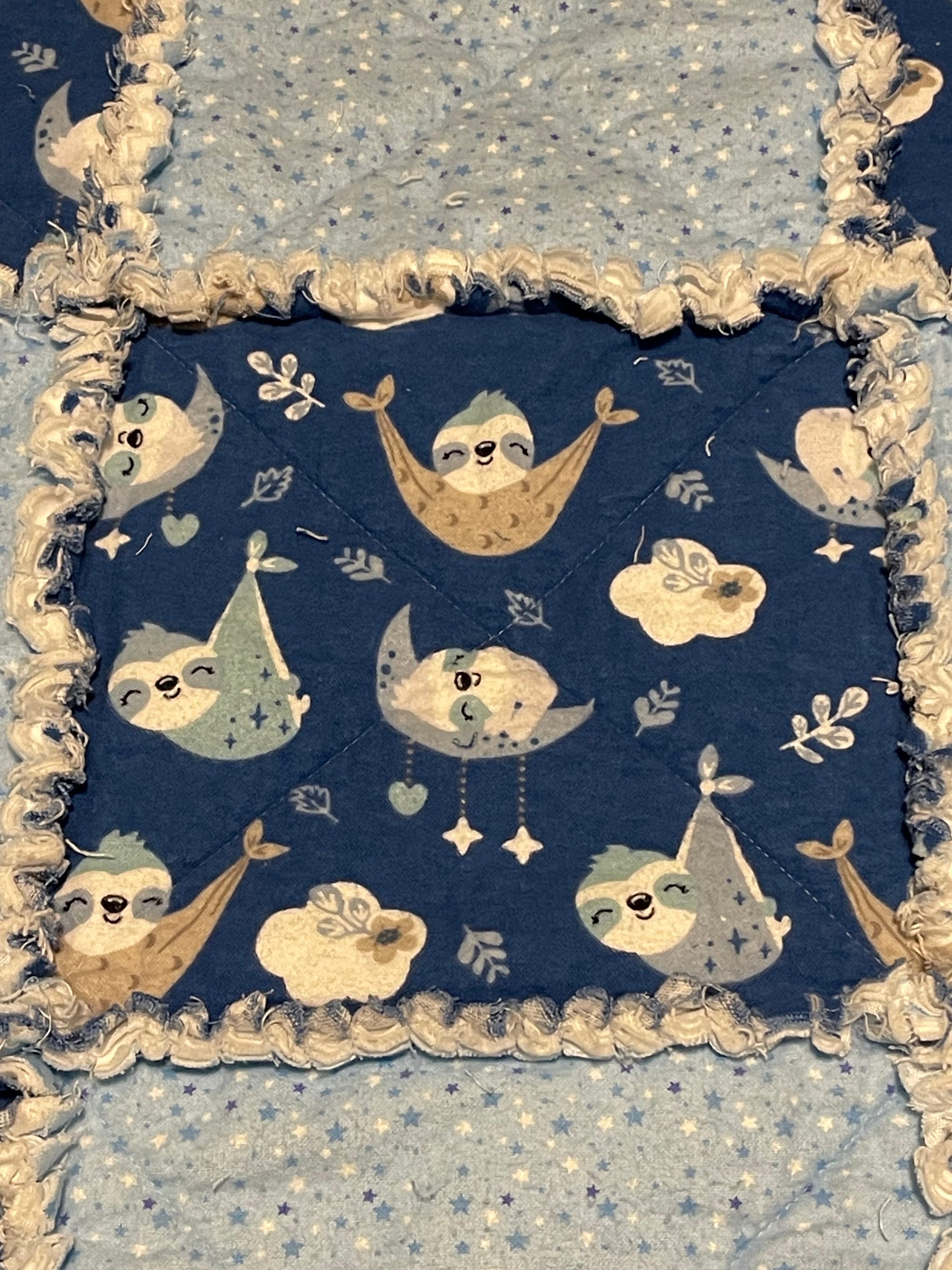 Baby Sleepy Sloths With Stars and White Backing - Rag Lap Quilt - 50 ...