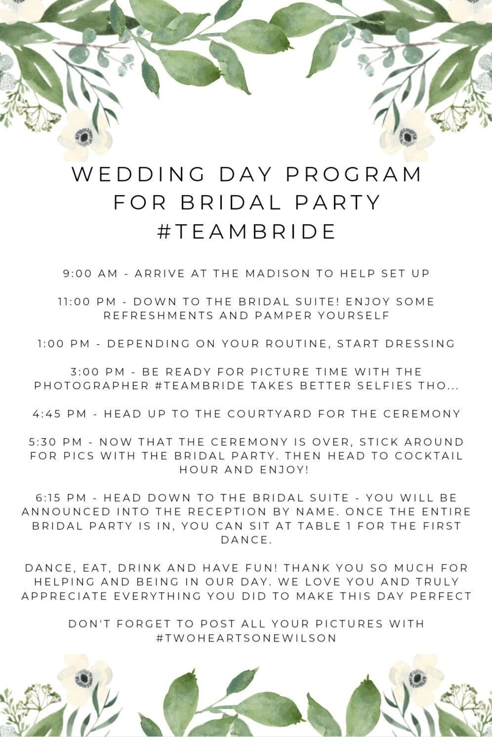 Team Bride Schedule Template - Etsy