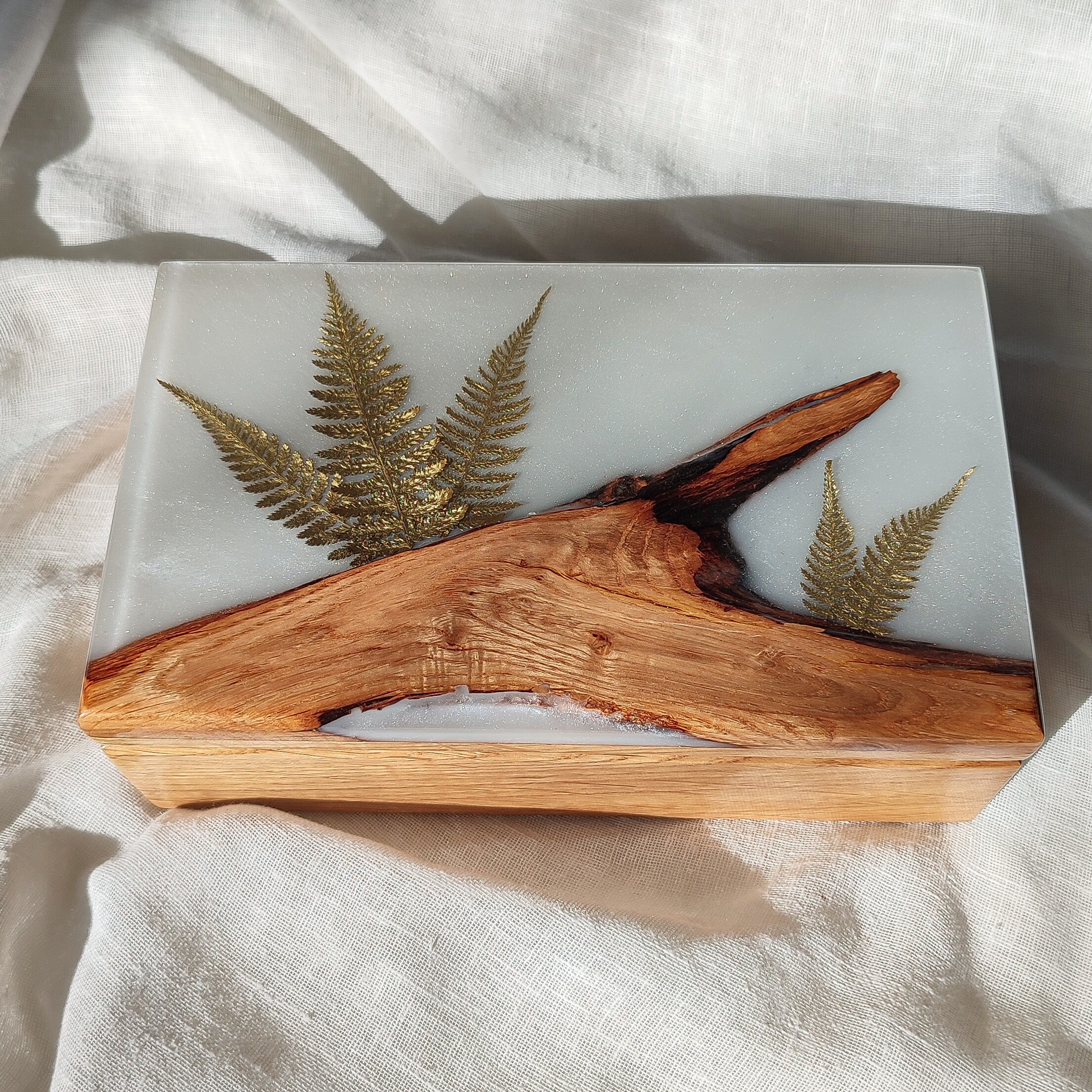 White Jewerly Box With Golden Fern, Jewelry Storage, Wooden Box for ...