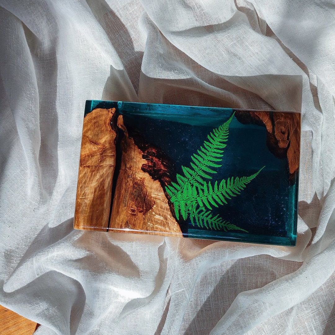 Decorative Jewelry Box With Fern, Epoxy Keepsake Box, Wooden Memory ...
