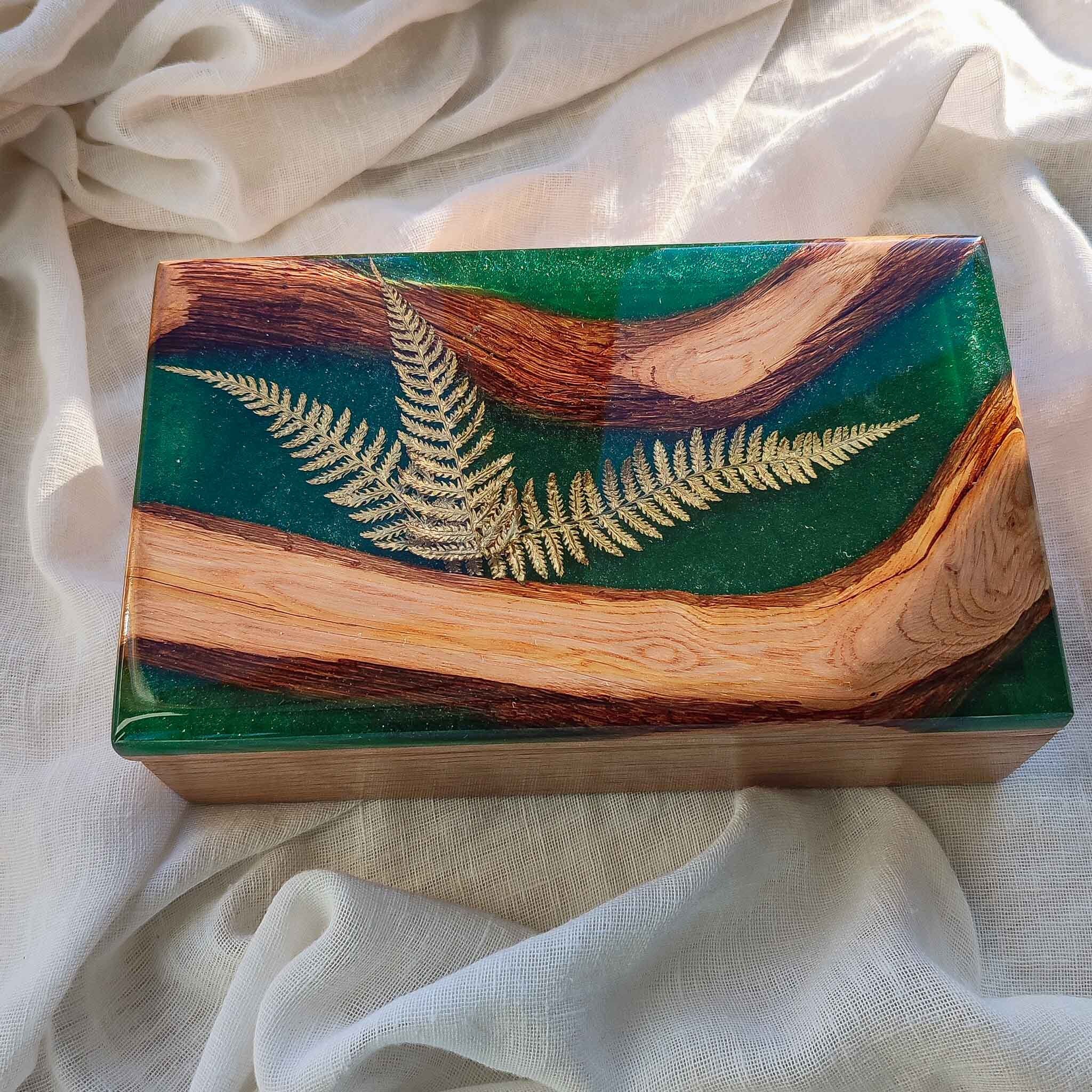 Decorative Box, Jewelry Organizer With Fern, Epoxy Keepsake Box, Boho ...