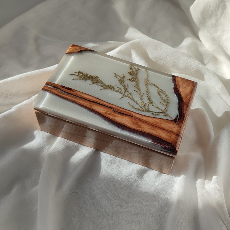White Jewerly Box With Golden Fern, Jewelry Storage, Wooden Box for ...