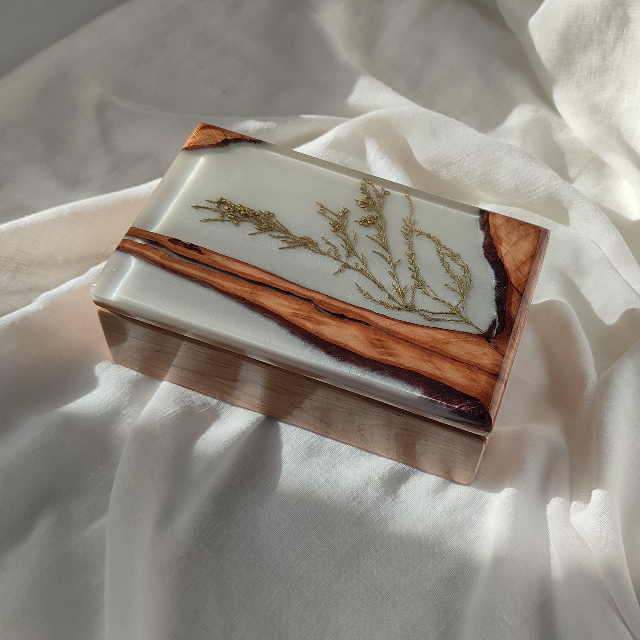 White Jewerly Box With Golden Fern, Jewelry Storage, Wooden Box for ...