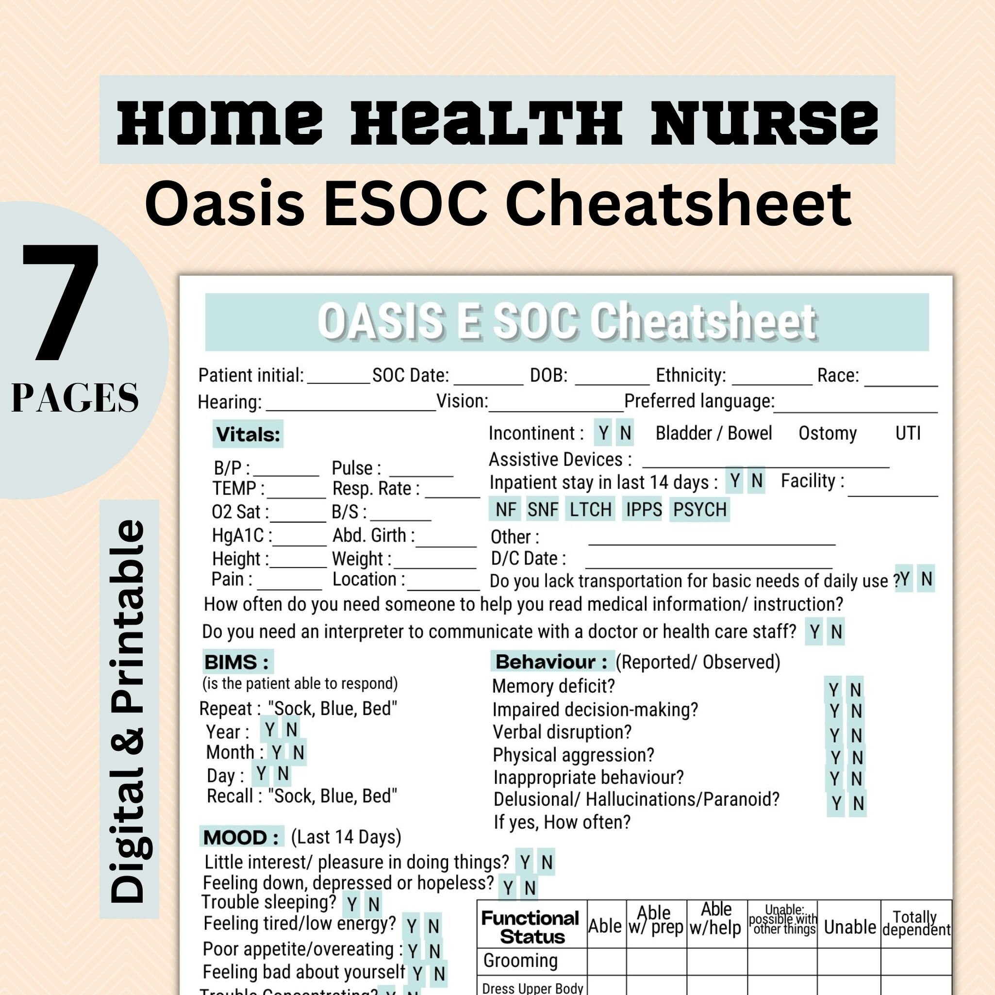 OASIS E SOC Cheatsheet Oasis Start Of Care Cheat Sheet For The Home