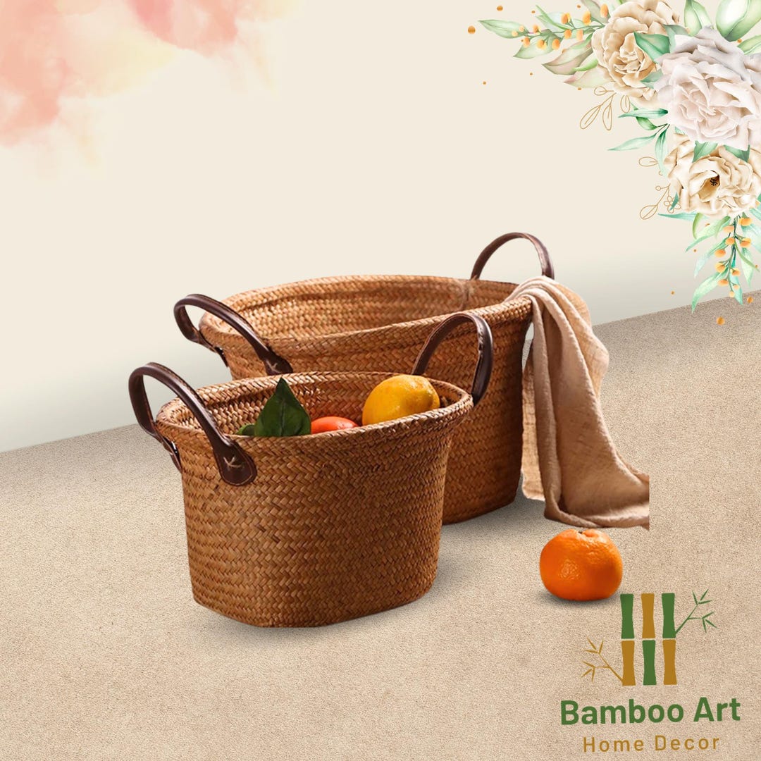 Seaweed Wicker Storage Basket With Leather Handle. - Etsy