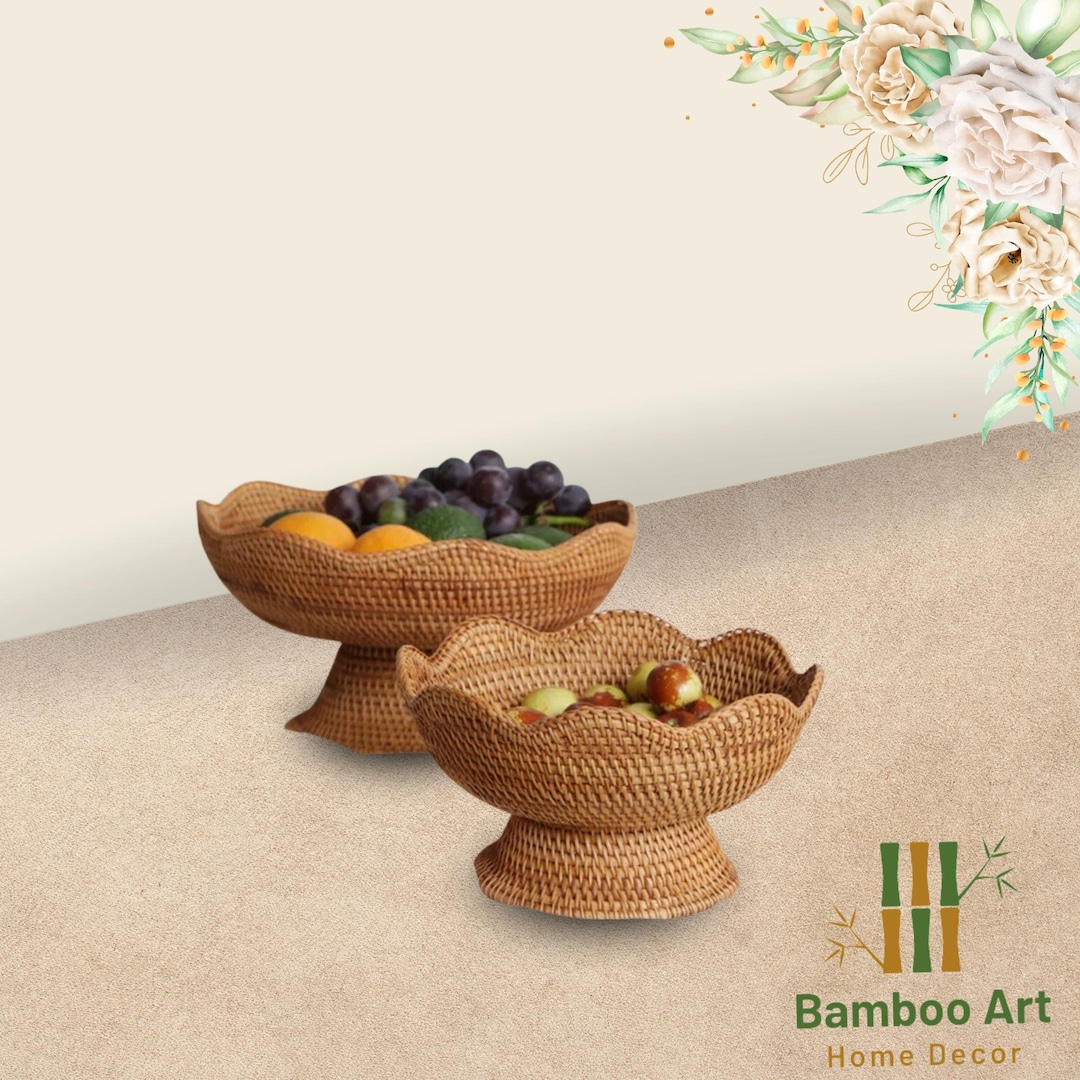 Handwoven Rattan Fruit Baskets - Natural Wicker Bowls for Kitchen ...