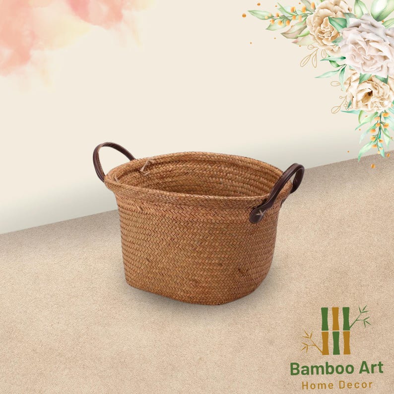 Seaweed Wicker Storage Basket With Leather Handle. - Etsy