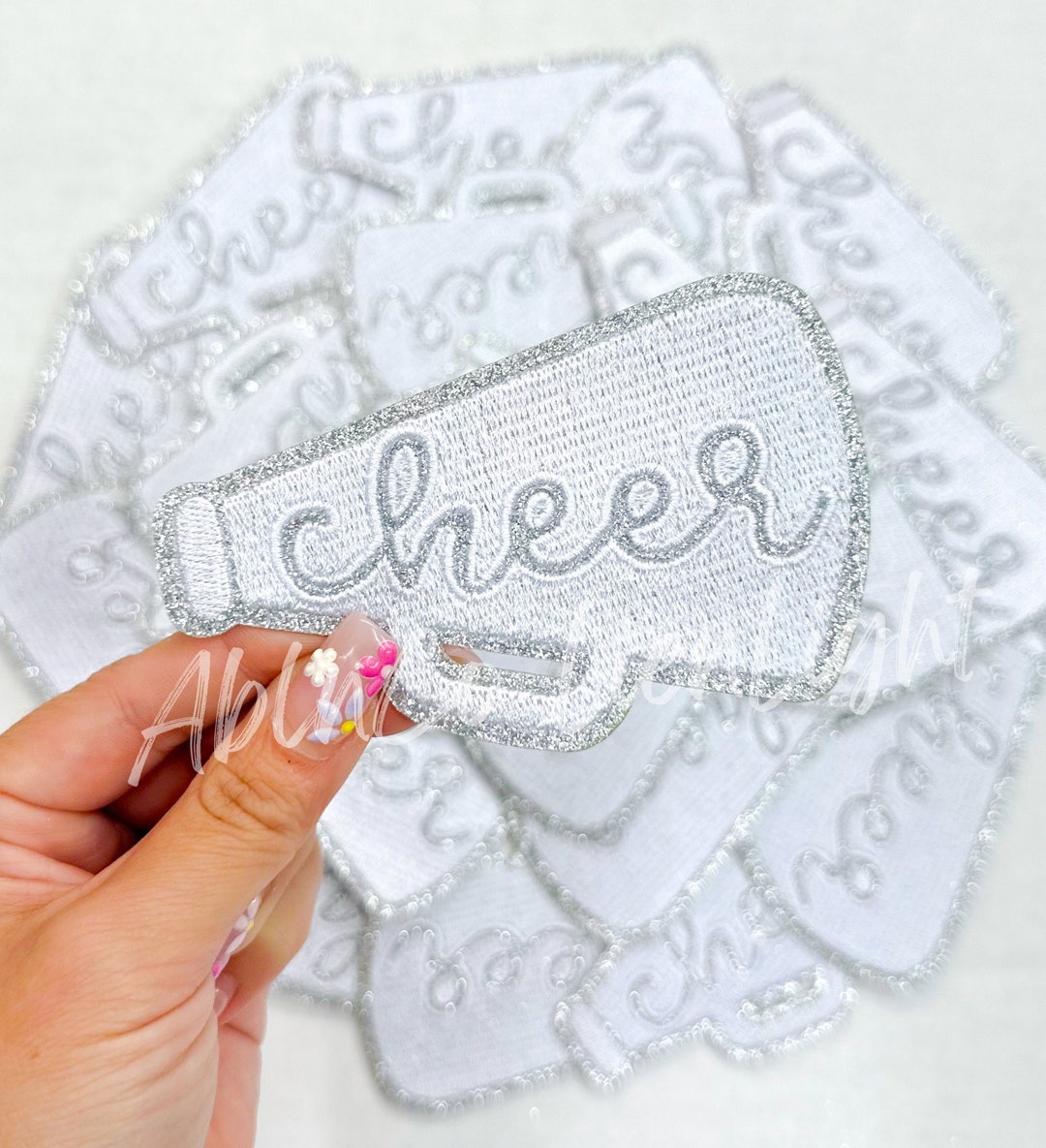 Cheer Patch, SILVER Glitter Cheer Iron on Patch, White Megaphone Patch ...