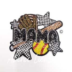 Softball Mama Patch, Softball Patch, Game Day Patch, Sequin Patch, Big Iron on Patch, Checkered ...