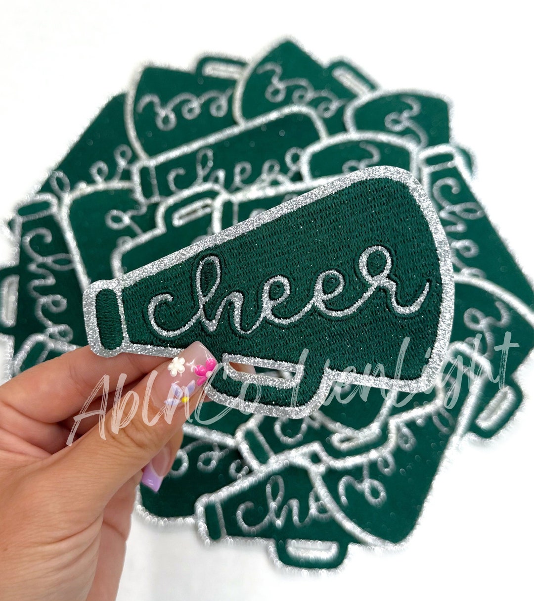 Cheer Patch, SILVER Glitter Cheer Iron on Patch, Green Megaphone Patch ...
